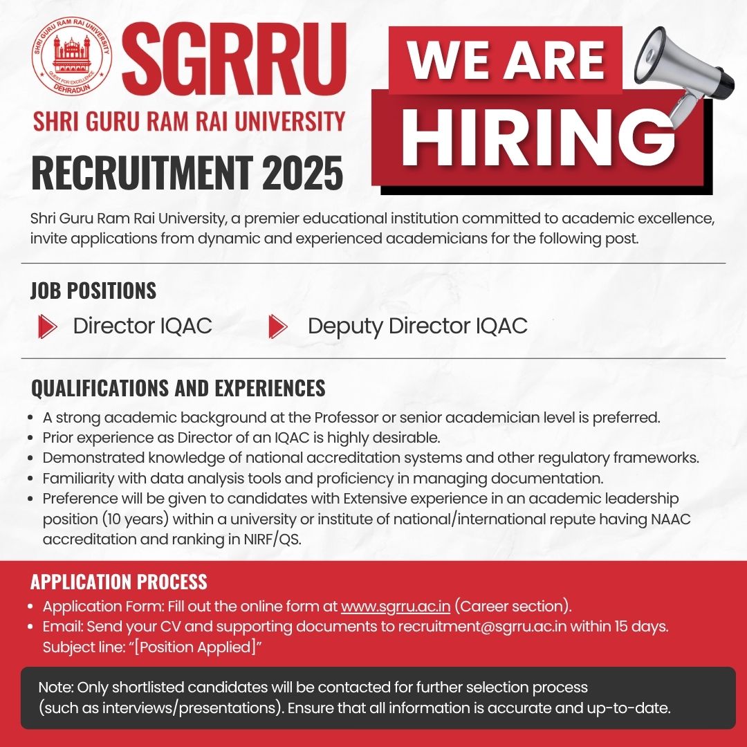 Careers at SGRR University Dehradun | Faculty & Staff Recruitment